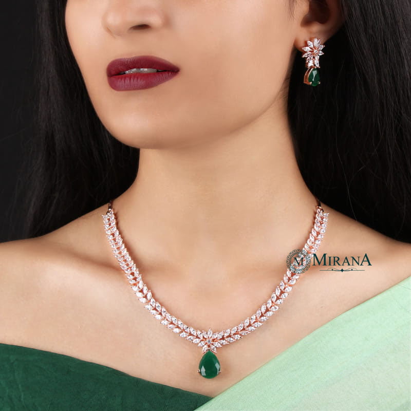 Diana Green Colored V Line Necklace Set