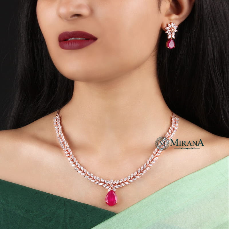 Diana Ruby Colored V Line Necklace Set